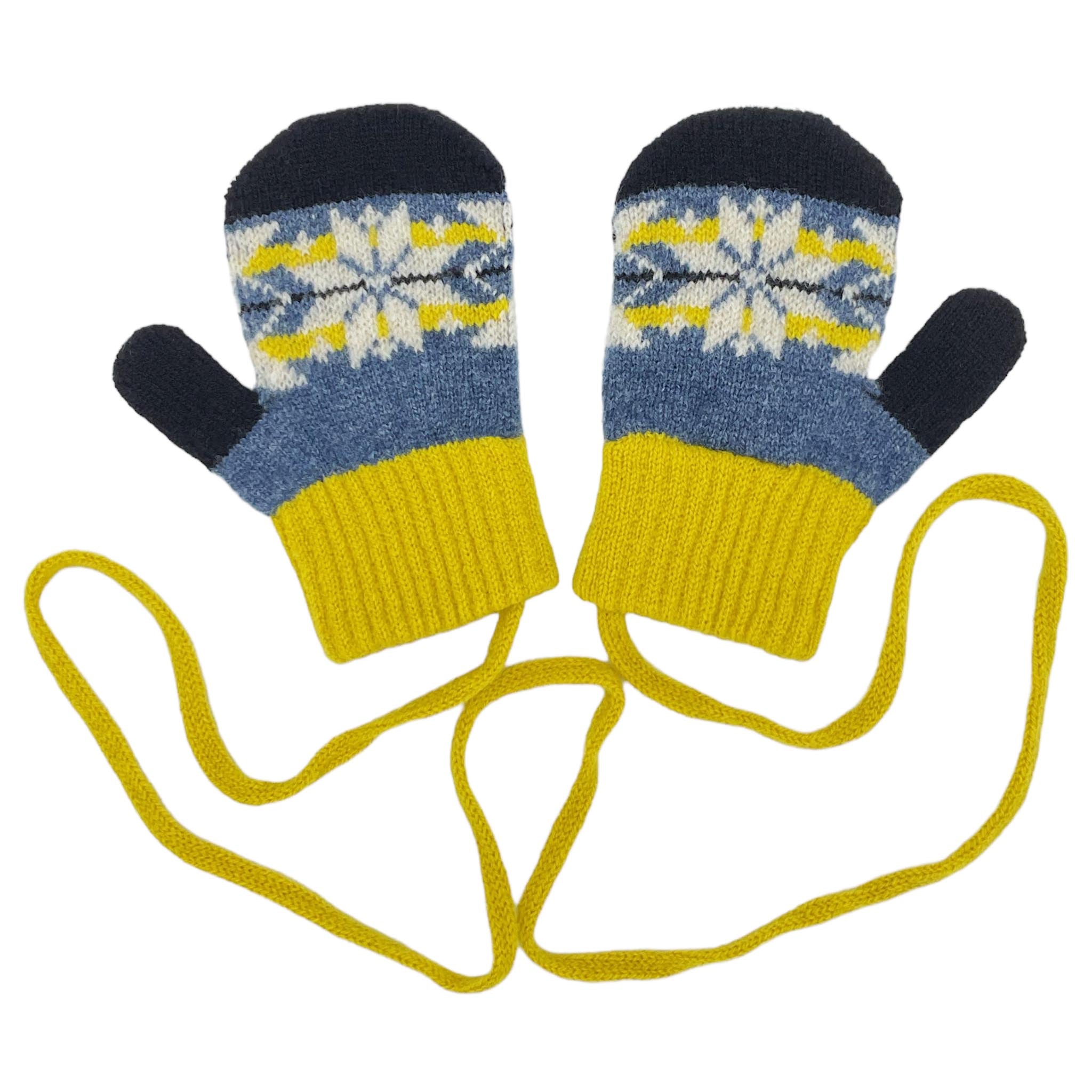Kids Navy Yellow Lambswool Mittens on String Catherine Tough